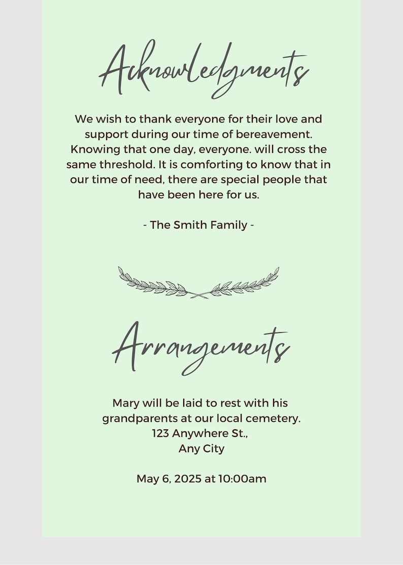 Funeral Template, Announcement Program, Editable Template, Memorial ...