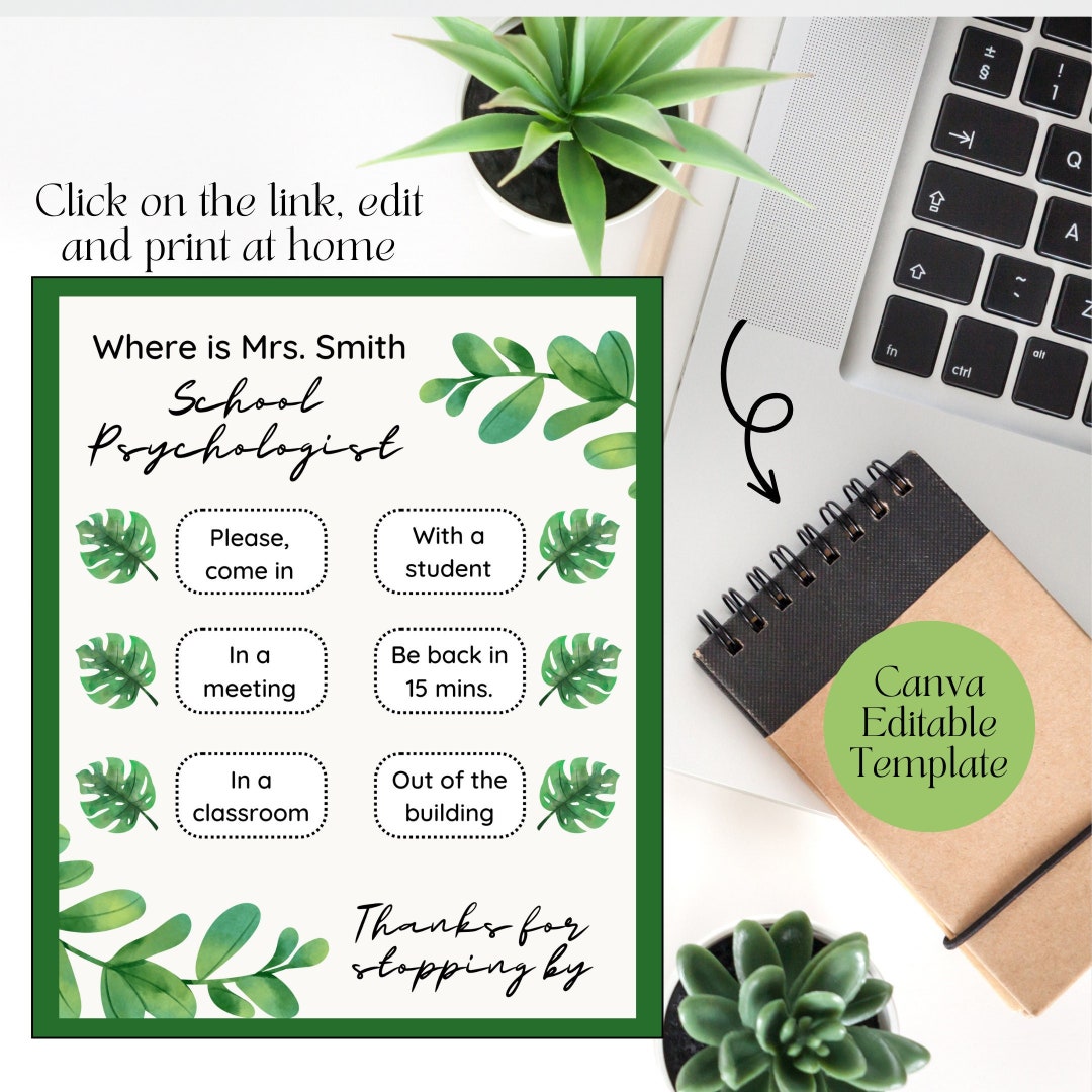 School Psychologist Office Door Sign, Greenery, Canva Template ...
