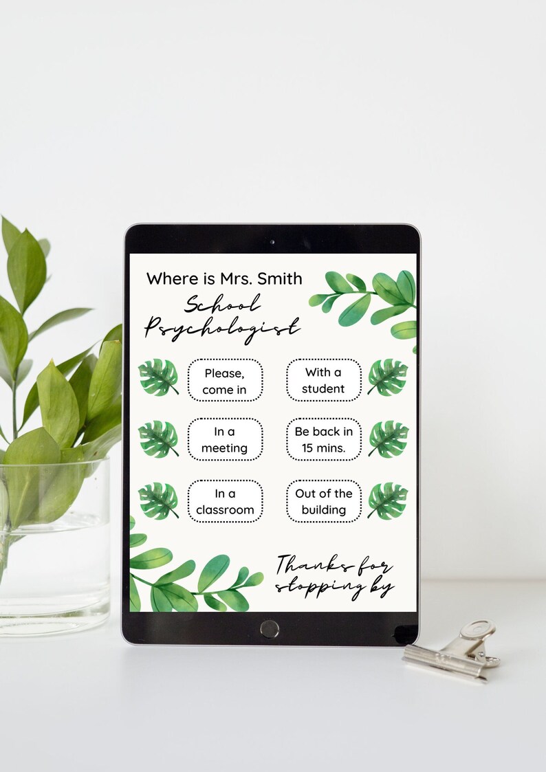 School Psychologist Office Door Sign, Greenery, Canva Template ...