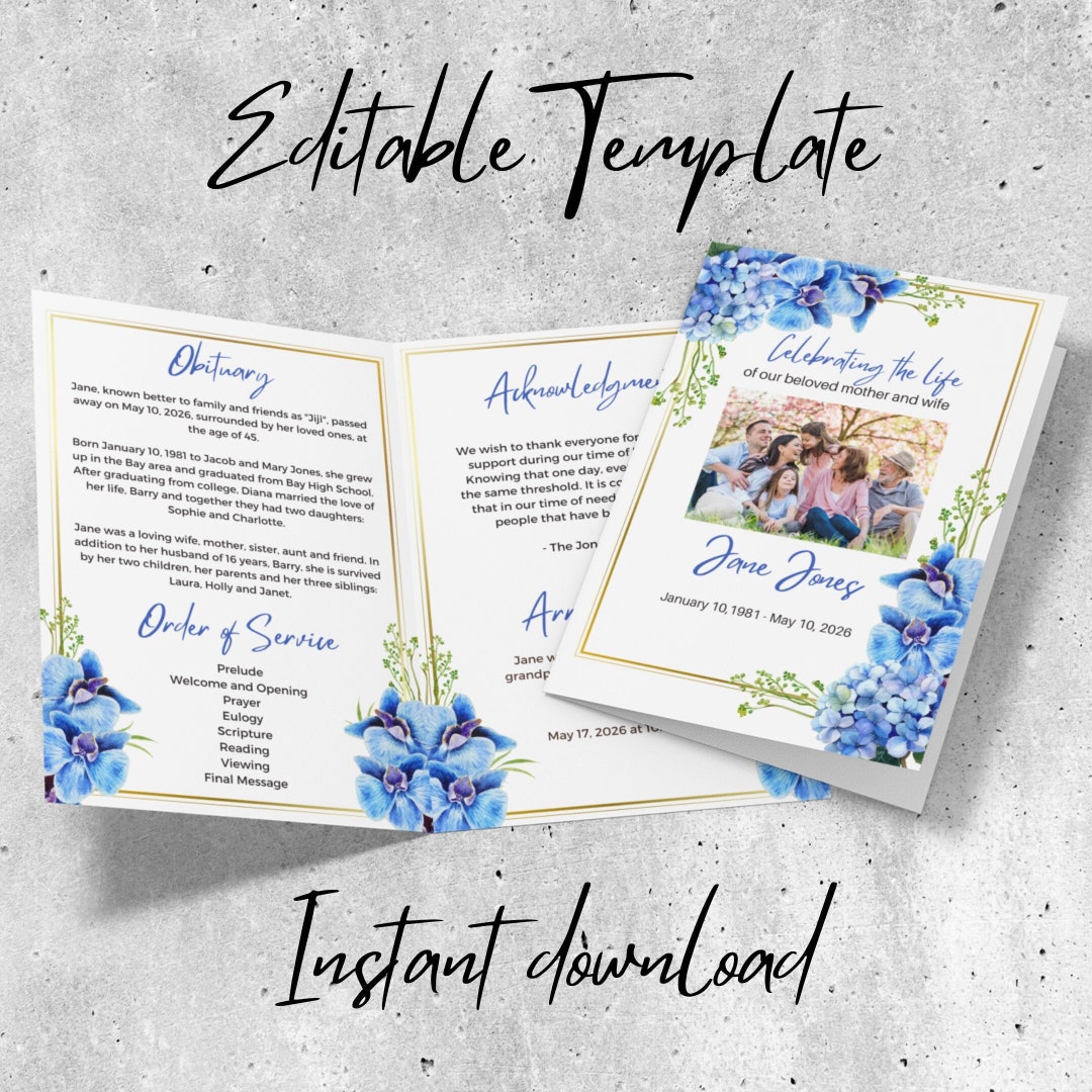 Funeral Program Template: Blue Floral Memorial Service (editable Canva ...