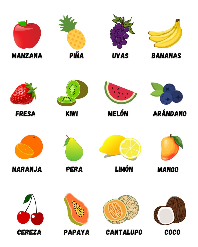 Fruits Poster, in Spanish/español, Set Learning Print, Digital Prints ...