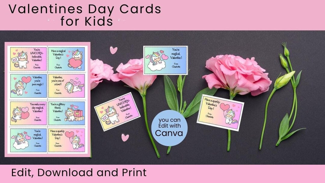 Editable Printable Unicorn Valentine Cards for Kids, Classroom ...