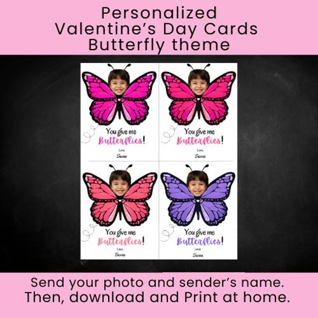 Personalized Printable Butterfly Valentine Cards for Kids, Classroom ...