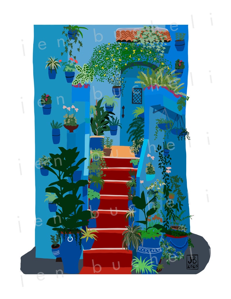 Little Blue House Print Plants Mediterranean House | Etsy