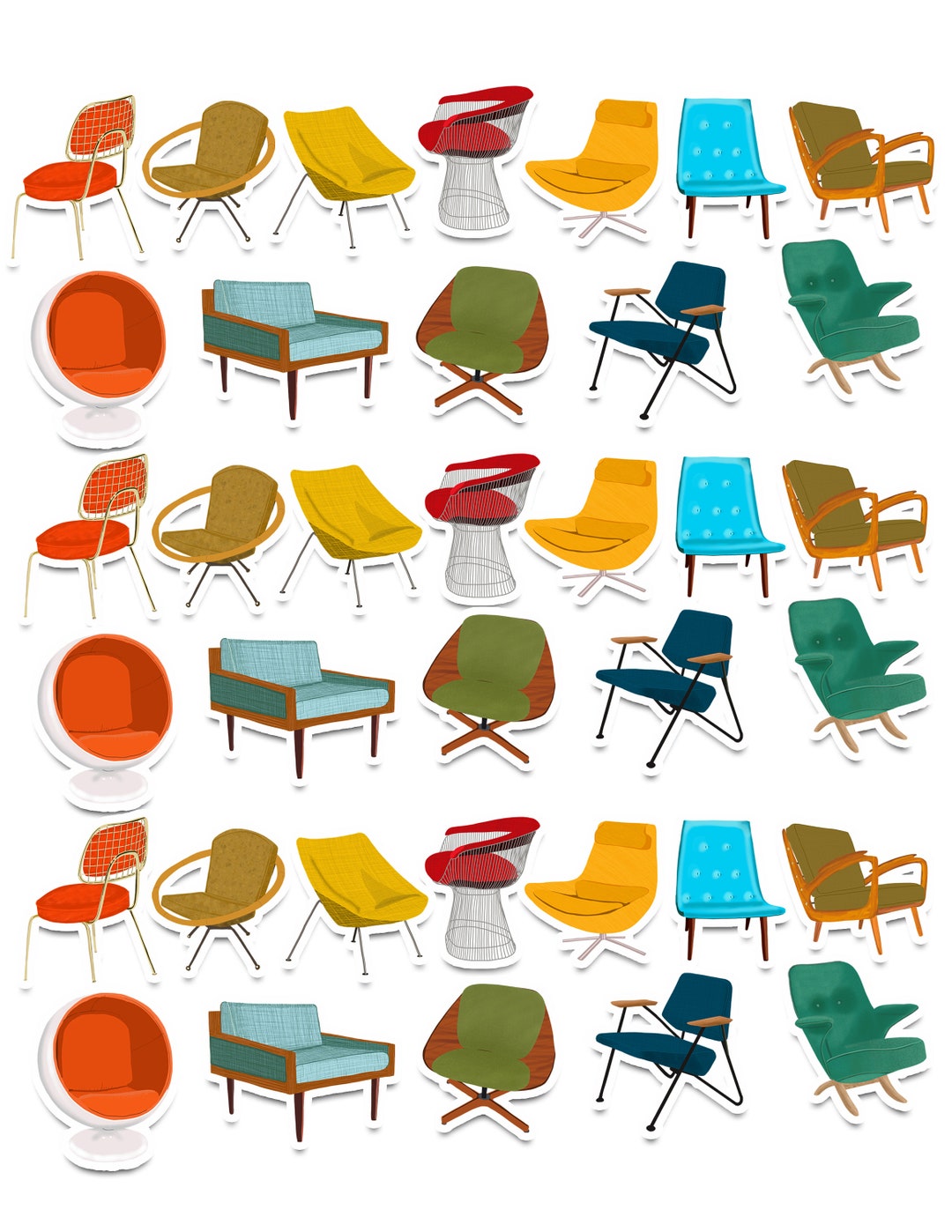 Colorful Mid Century Modern Chairs Sticker Set Palm Springs Style Mid ...