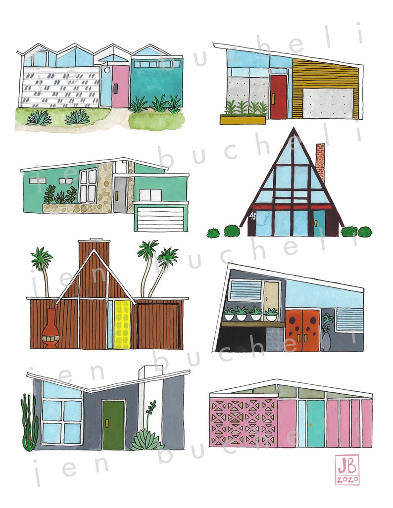 Mid Century Modern Houses Print Mid Mod Houses Art Houses - Etsy