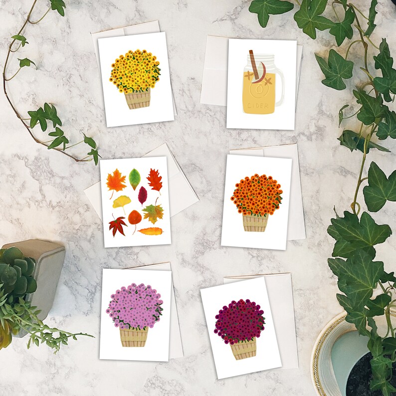 Fall Mums and Leaves Cards W/envelopes Set of 6 Fall Note | Etsy