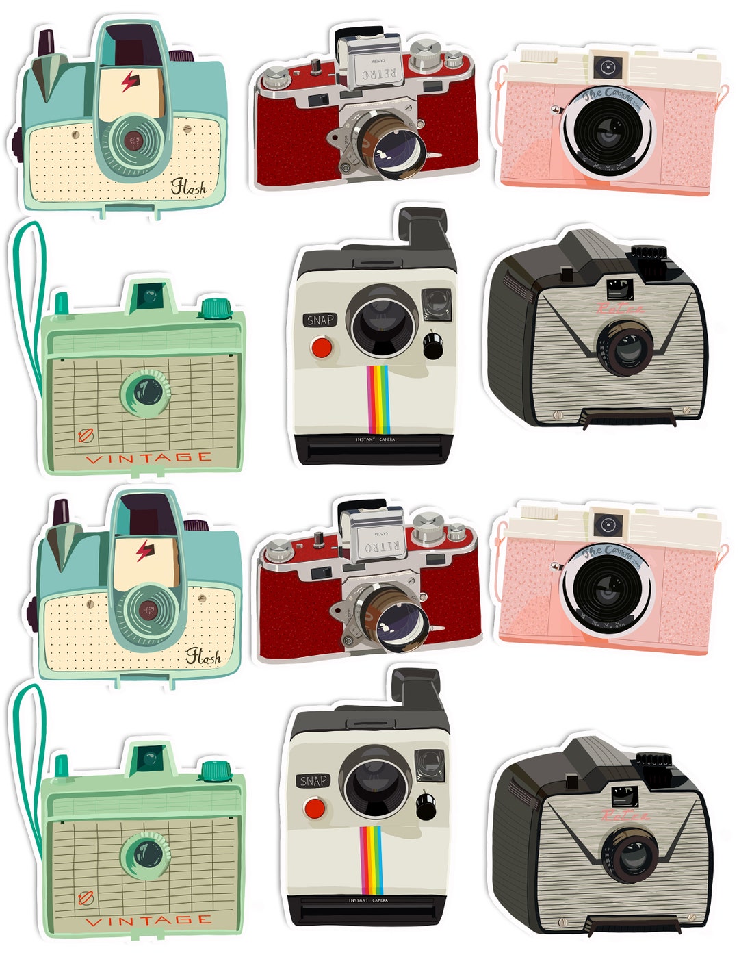 Vintage Cameras Art Sticker Set Stickers Retro Cameras Retro Cameras ...