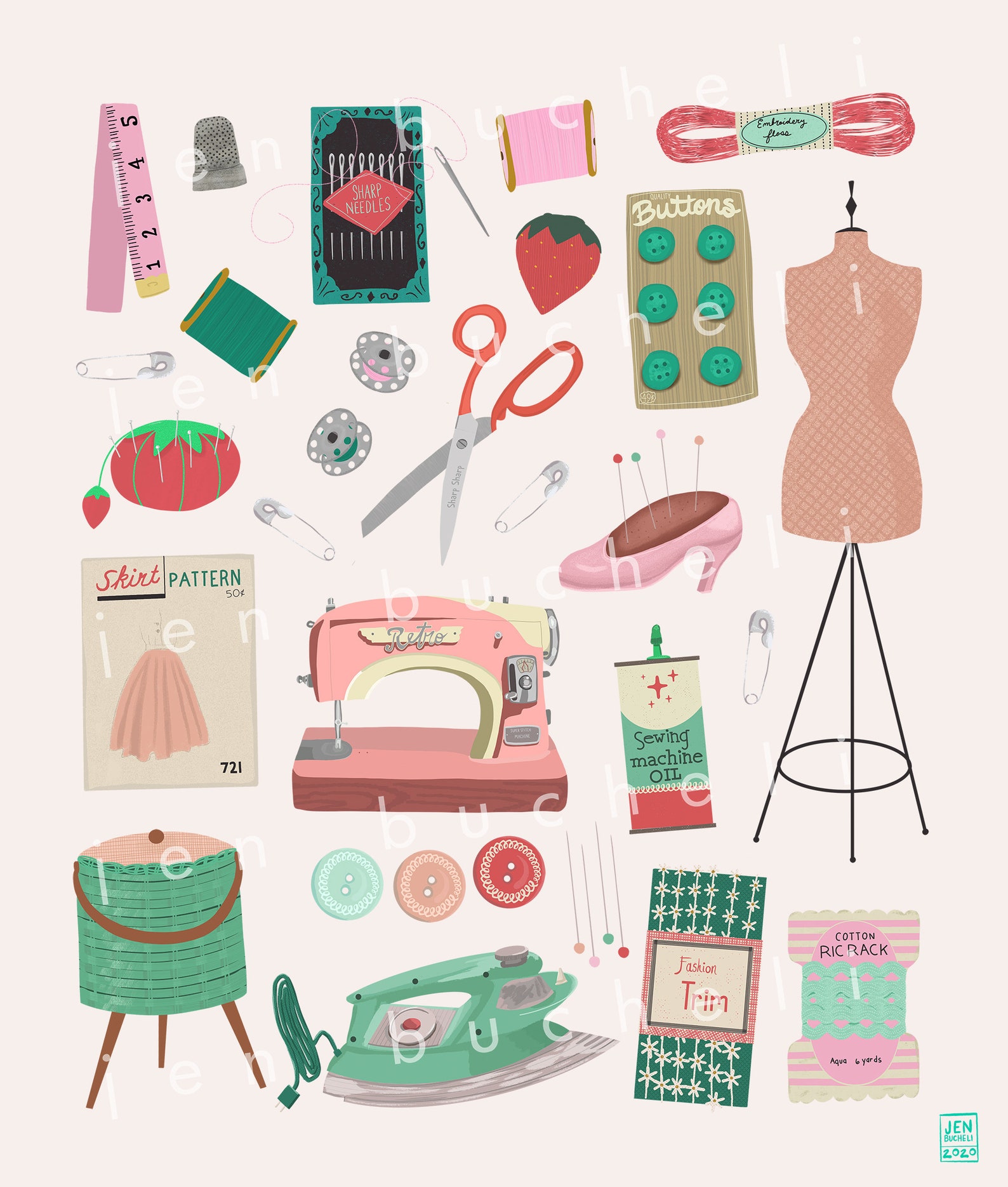 Sewing Tools and Notions Art Print Mid Century Modern - Etsy