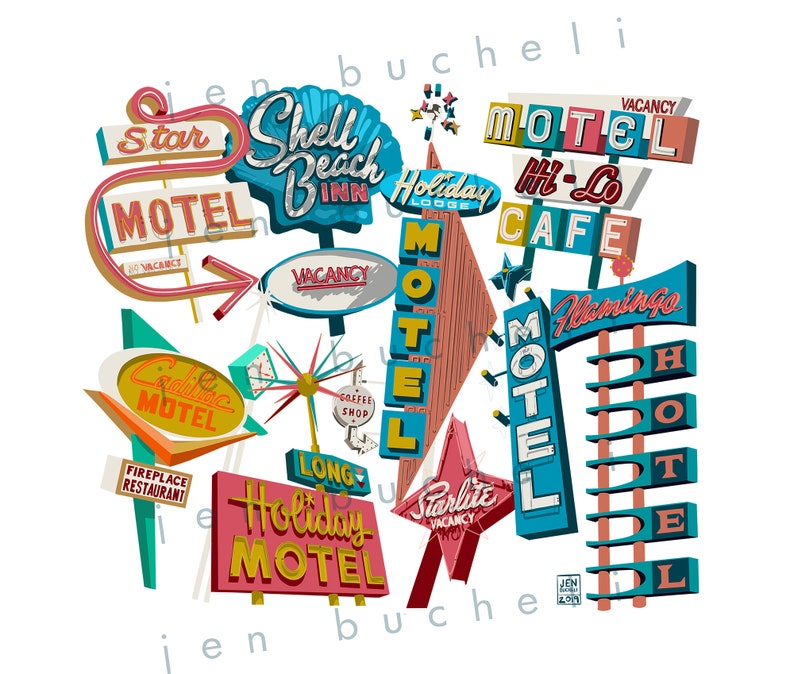 Hotel Motel Vintage Signs Art Print Mid Century Modern Las - Etsy