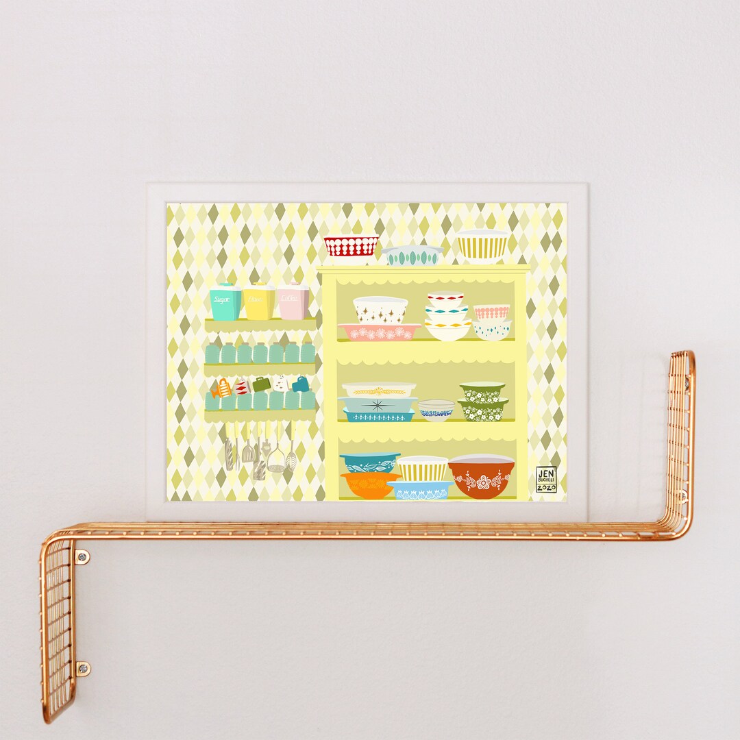 Yellow Kitchen Dishware Shelf Art Print | Pyrex Art | Fire King Art ...