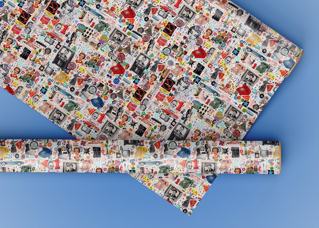 Retro Micro Collage Wrapping Paper, Gift Paper, Retro Style Giftwrap ...