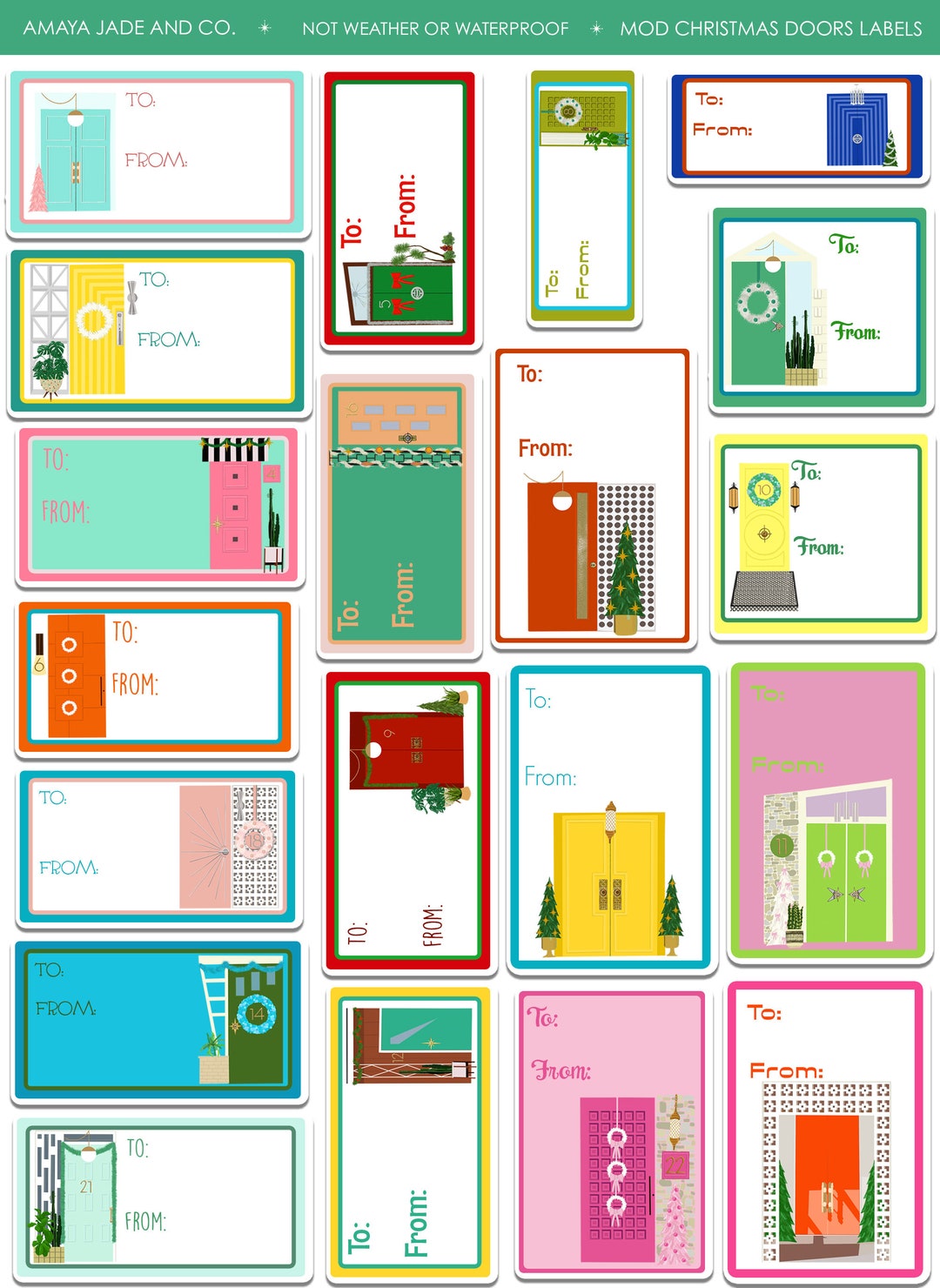 Mod Doors Christmas Labels Art Sticker Set Stickers Labels Mid Century ...