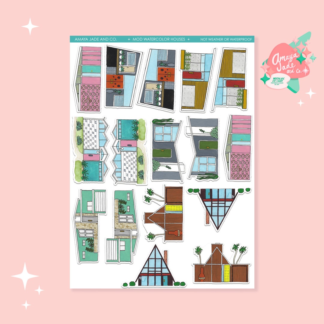 Mid-century Modern, Watercolor Houses, Sticker Sheet, House Stickers ...