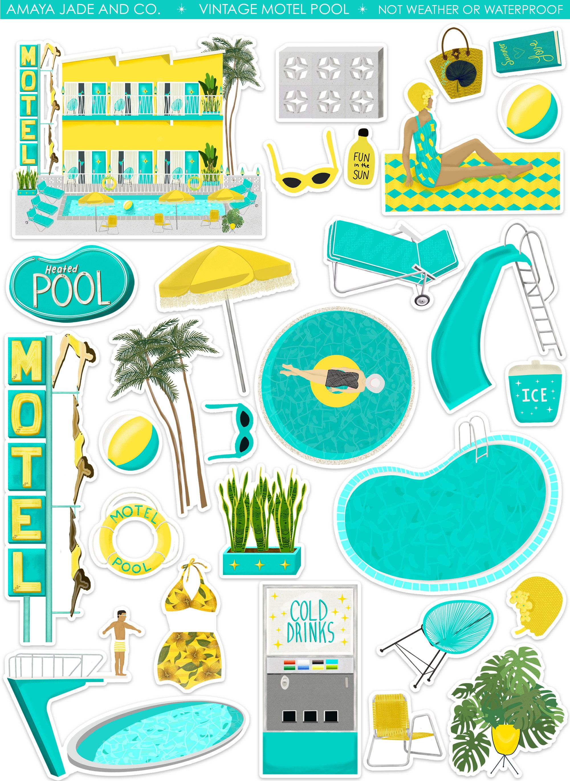 Vintage Motel Pool Art Sticker Set Stickers Mid Mod | Etsy