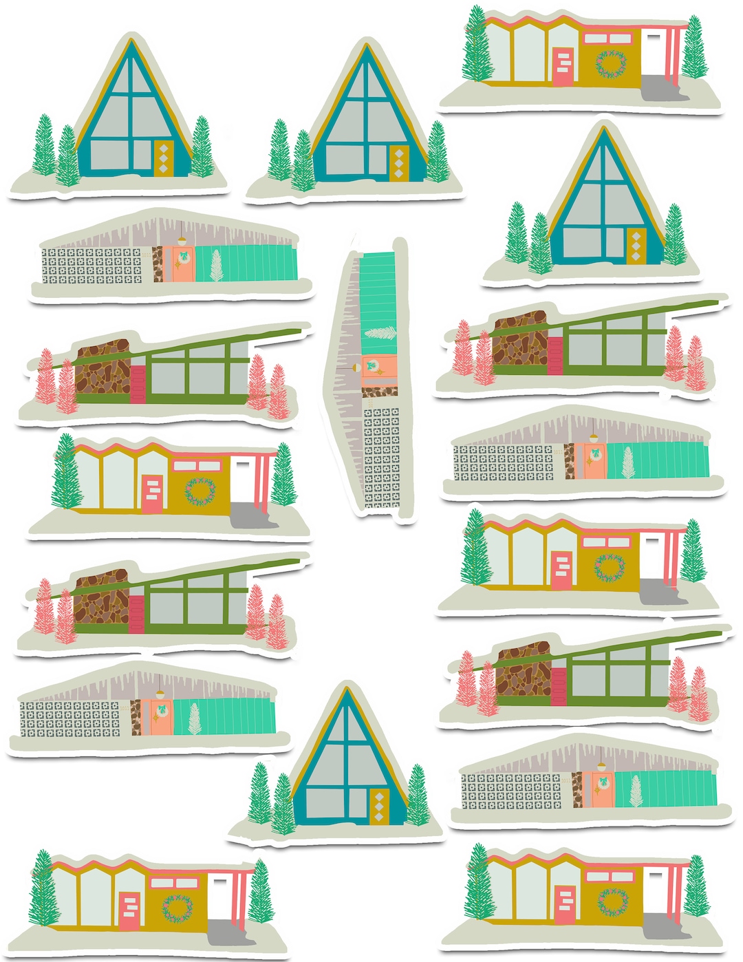 Mid-century Modern Putz Houses Art Sticker Set, Stickers, Palm Springs ...