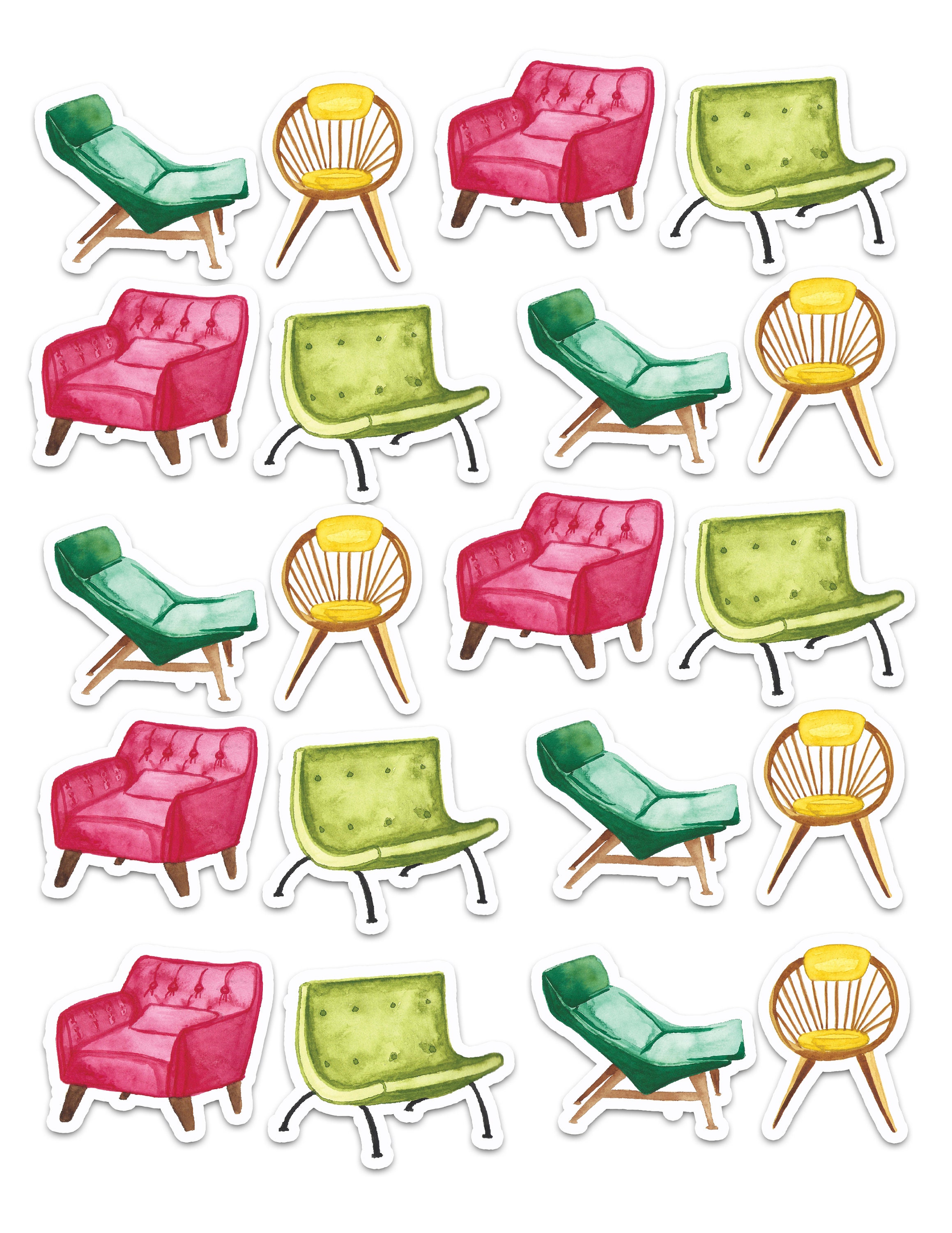 Mid Century Modern Colorful Chairs Sticker Set Labels | Etsy