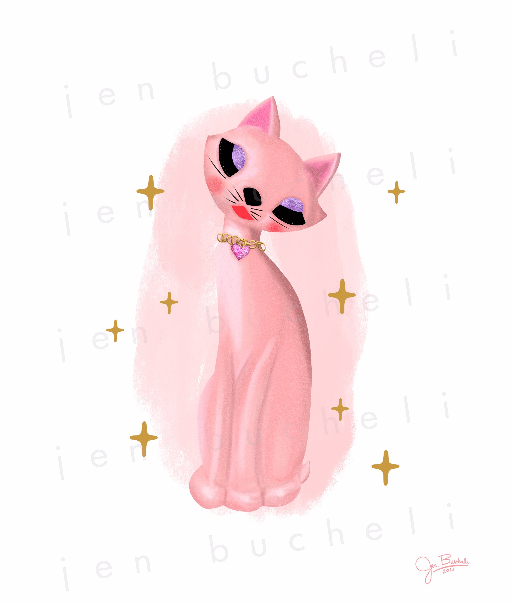 Vintage Pink Kitty Art Print: Mid-century Modern Cat - Etsy