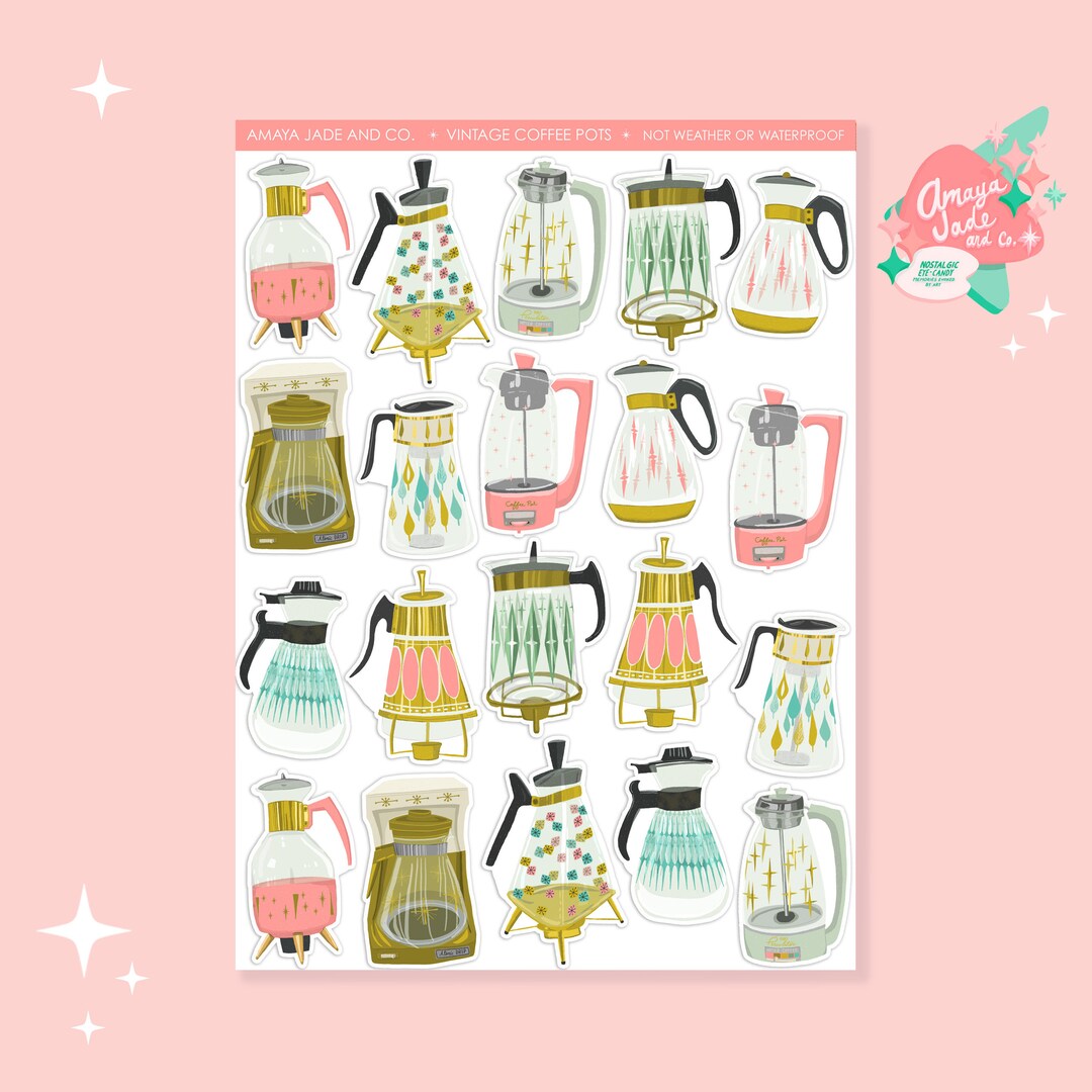 Vintage Coffee Pots Sticker Set: Mid-century Modern Scrapbook Stickers ...
