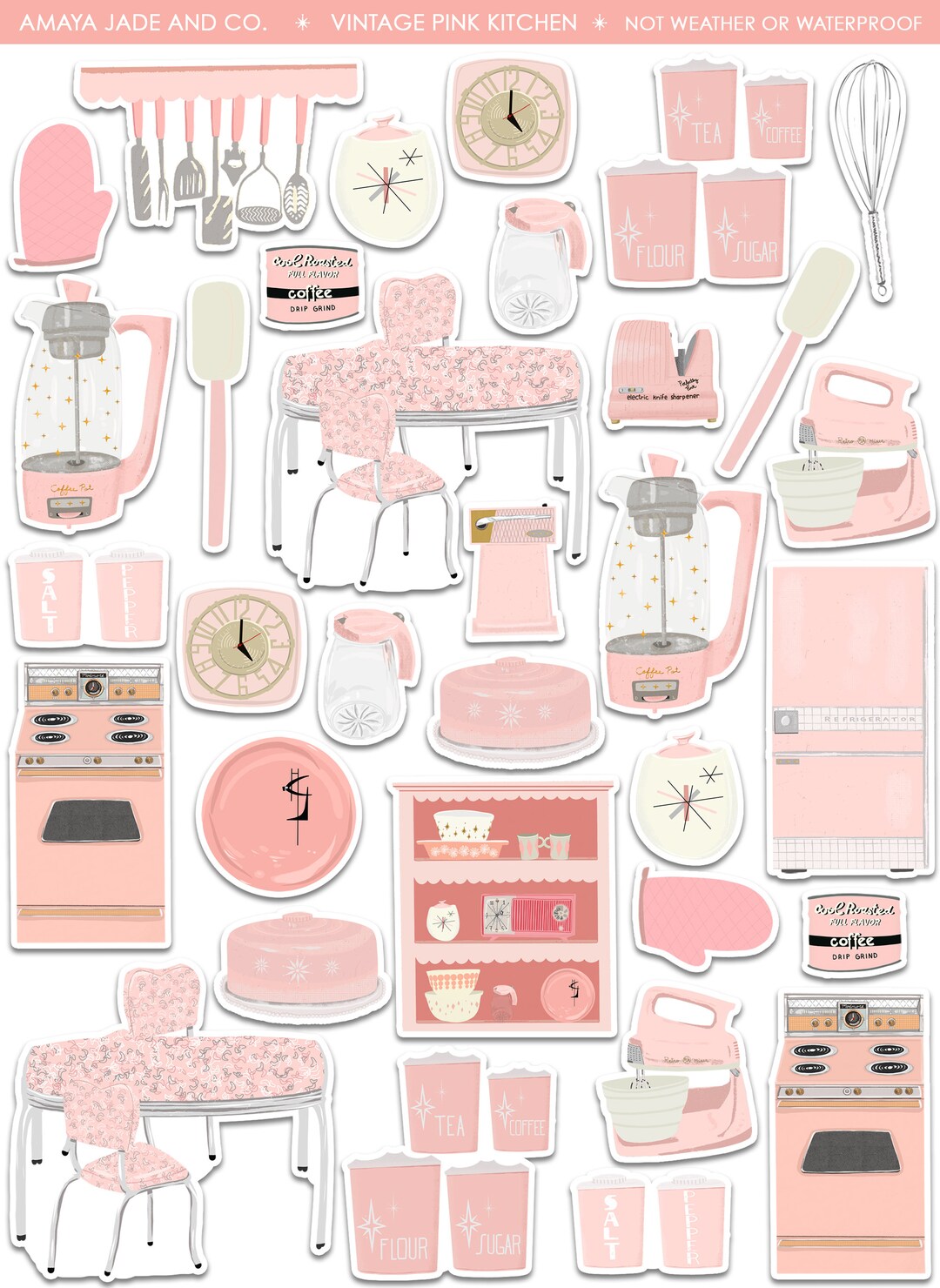 Vintage Pink Kitchen Items Art Sticker Set, Scrapbooking, Baking ...