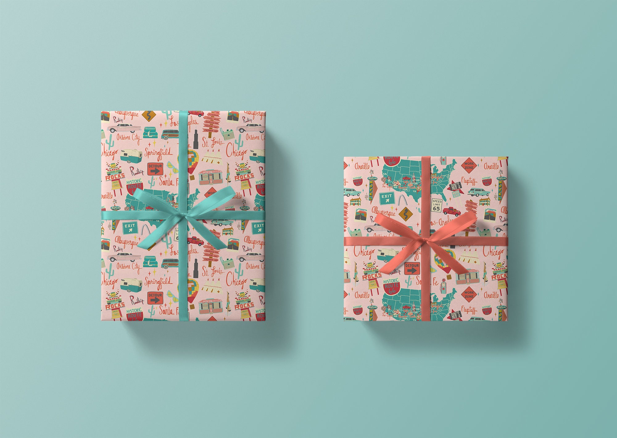 Route 66 Road Trip Art Wrapping Paper: Pink Vacation Gift Wrap - Etsy