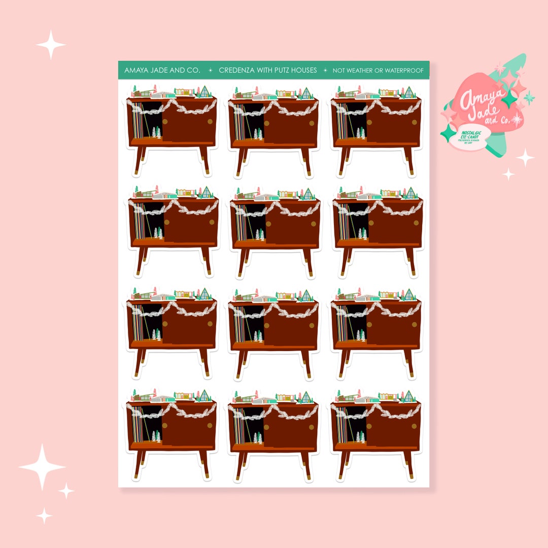 Mid Century Modern Credenza With Miniature Christmas Houses Art Sticker ...