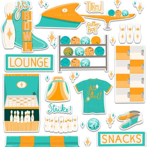 Retro Bowling Art Sticker Set Vintage Bowling Bowling - Etsy