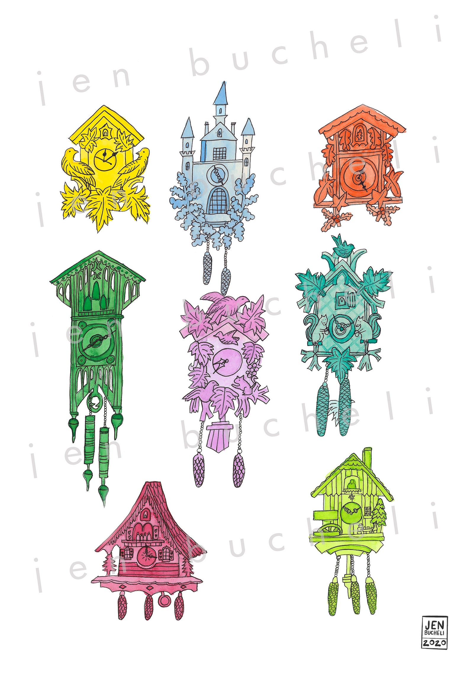 Cuckoo Clocks Watercolor Print | Etsy