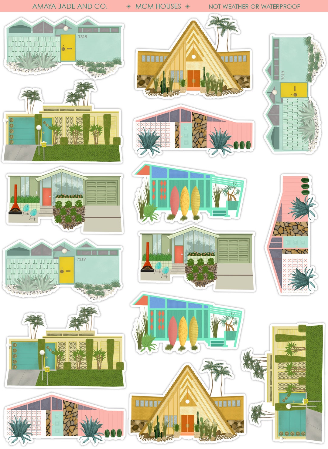 MCM Houses Sticker Set Mid Century Modern Houses Stickers Mod Houses ...