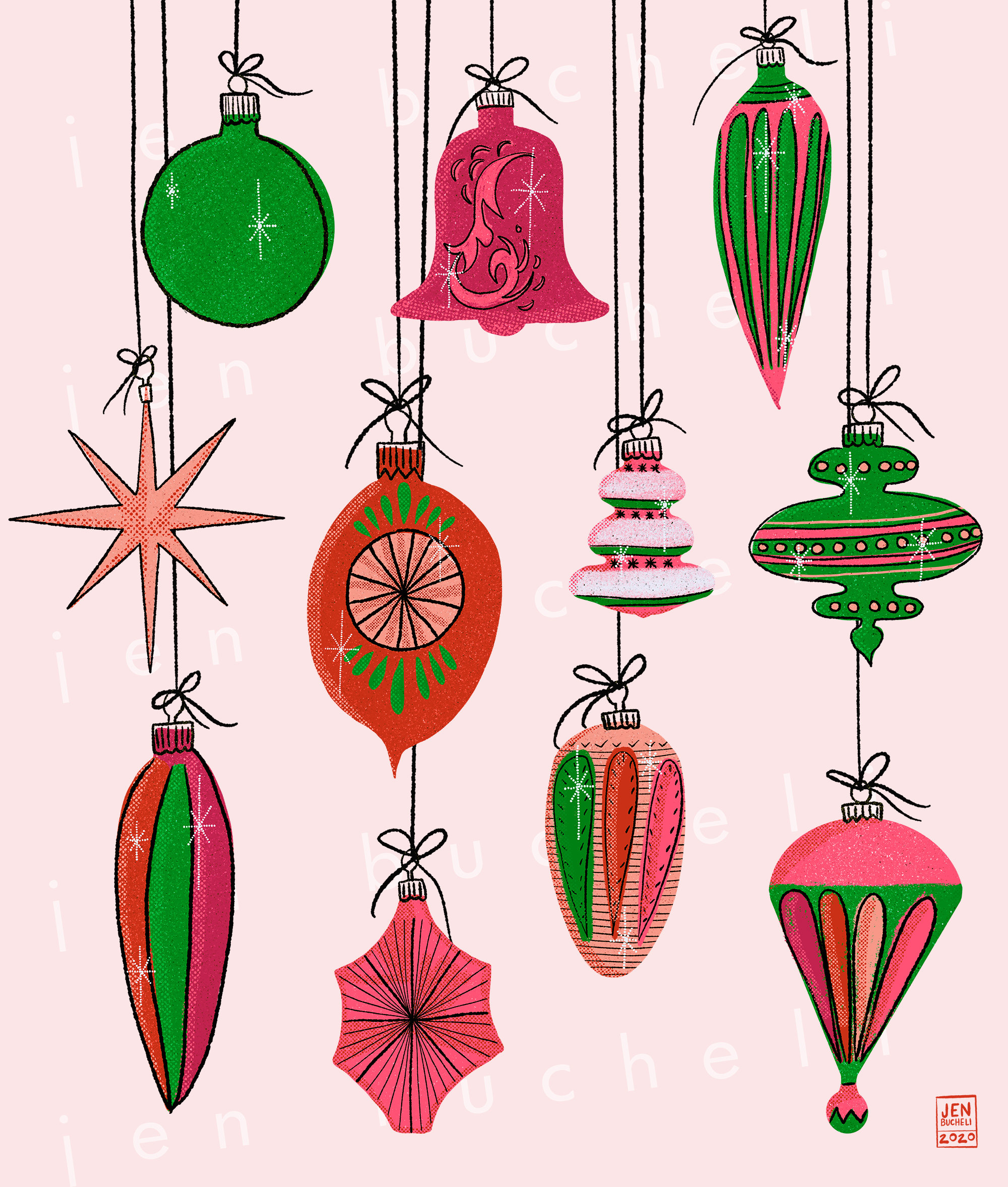 Pink and Green Hanging Vintage Ornaments Art Print Vintage | Etsy