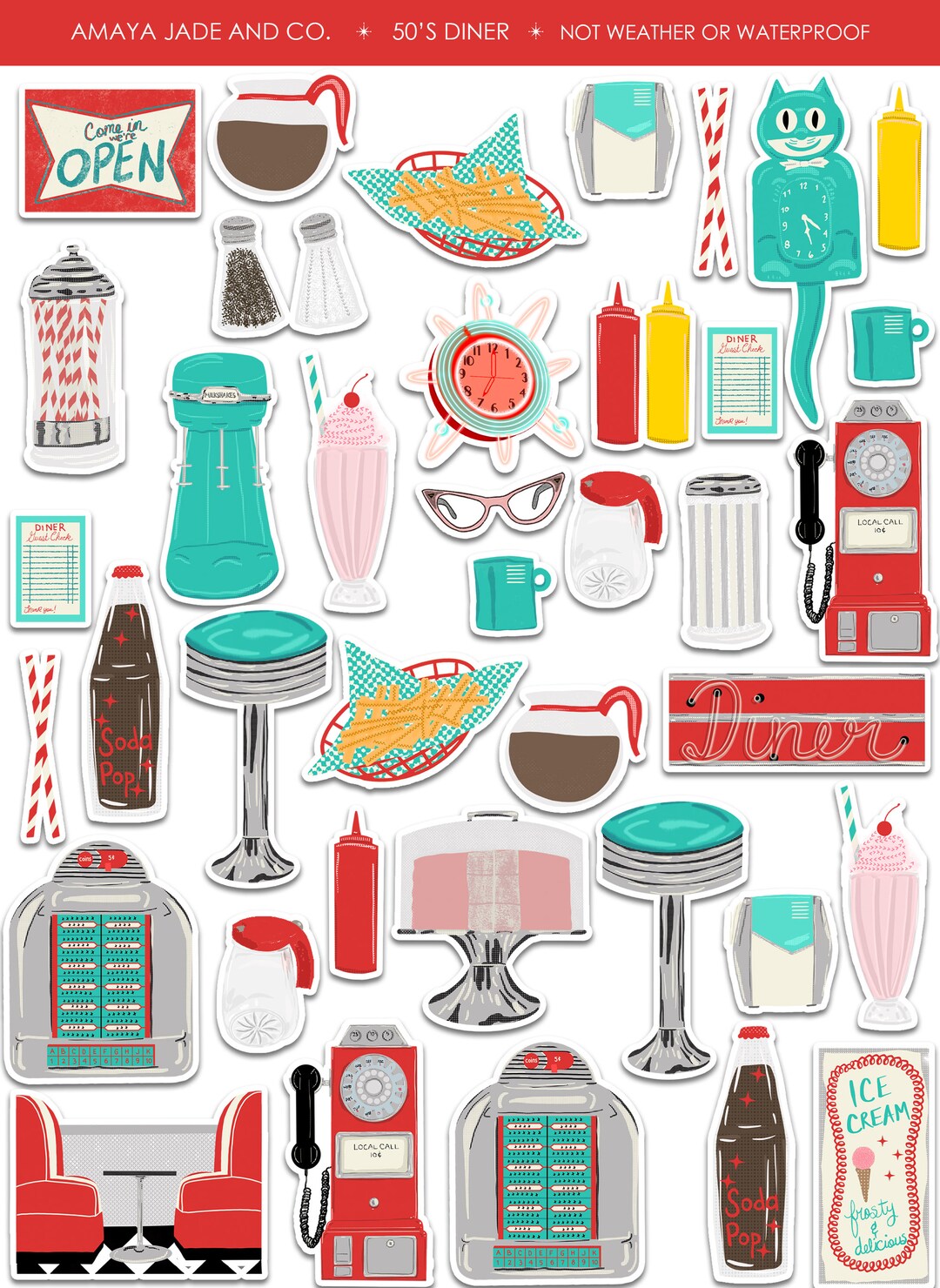 50's Diner Art Sticker Set Diner Retro Ice Cream Parlor Stickers ...