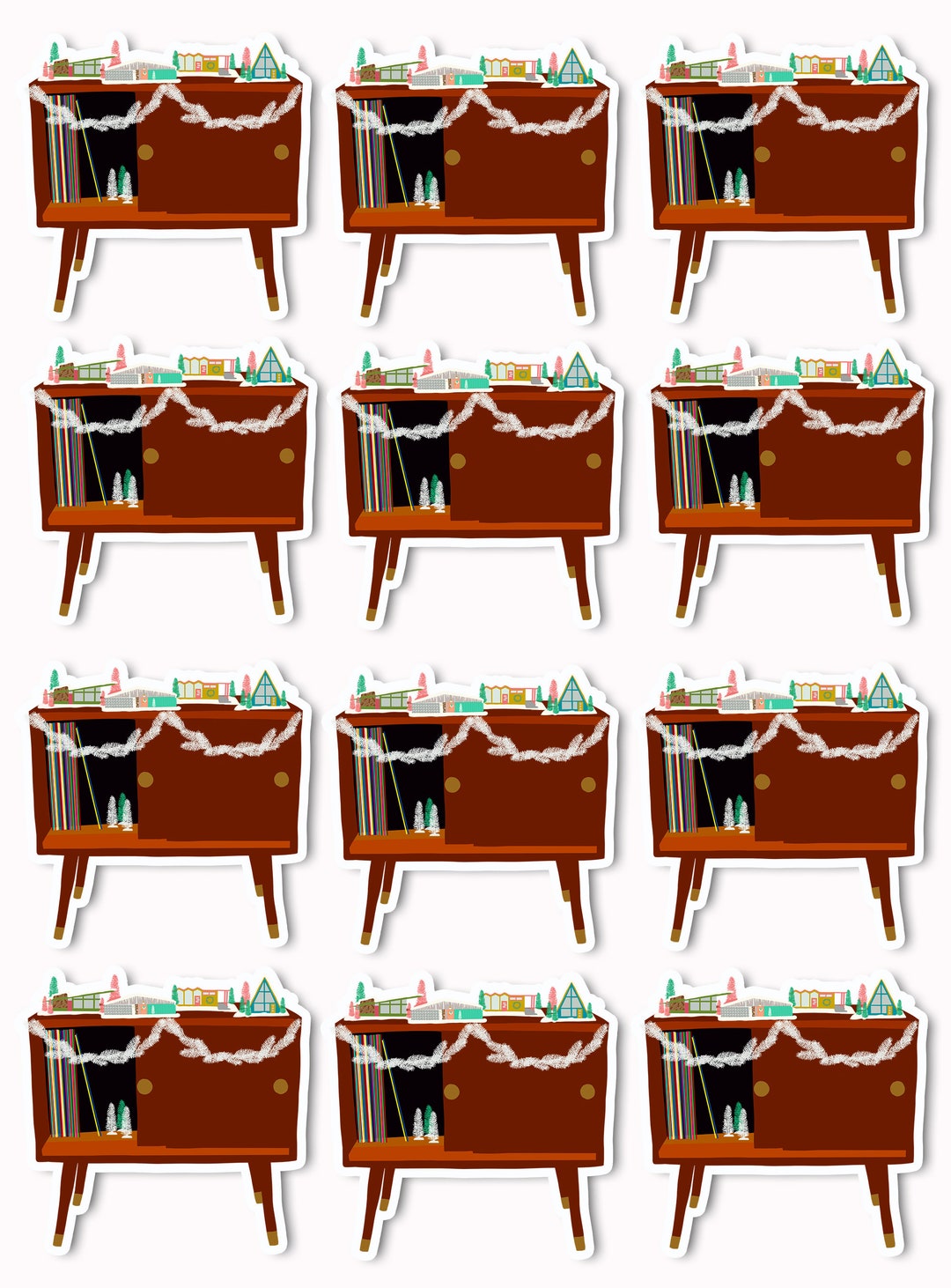 Mid Century Modern Credenza With Miniature Christmas Houses Art Sticker ...