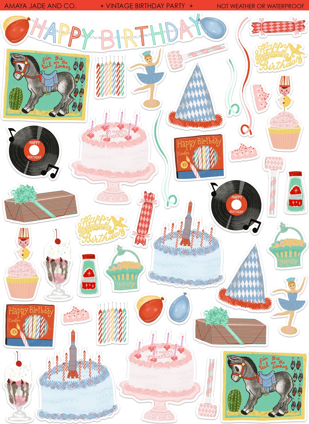 Vintage Birthday Party Art Sticker Set Retro Birthday Party Stickers ...