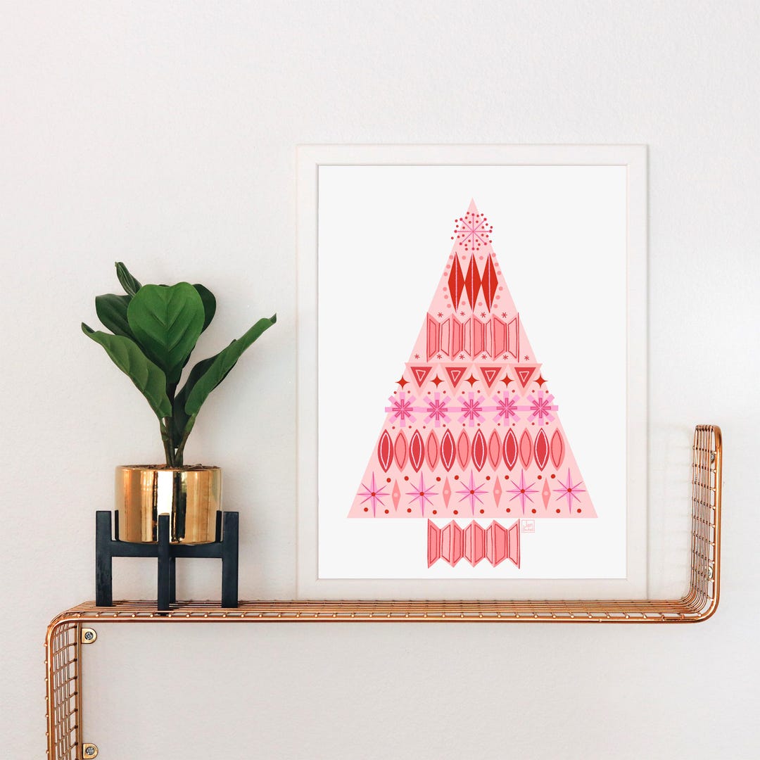 Mod Christmas Tree Art Print, Pink and Red, Mid-century Modern ...