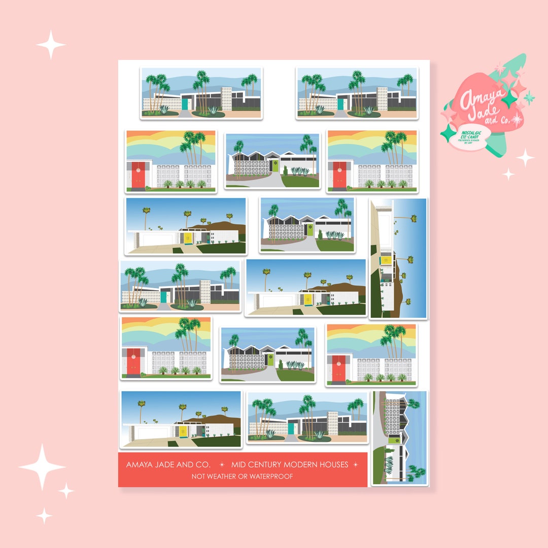 Mid-century Modern Houses, Sticker Sheet, Mid Mod Stickers, Mid-century ...