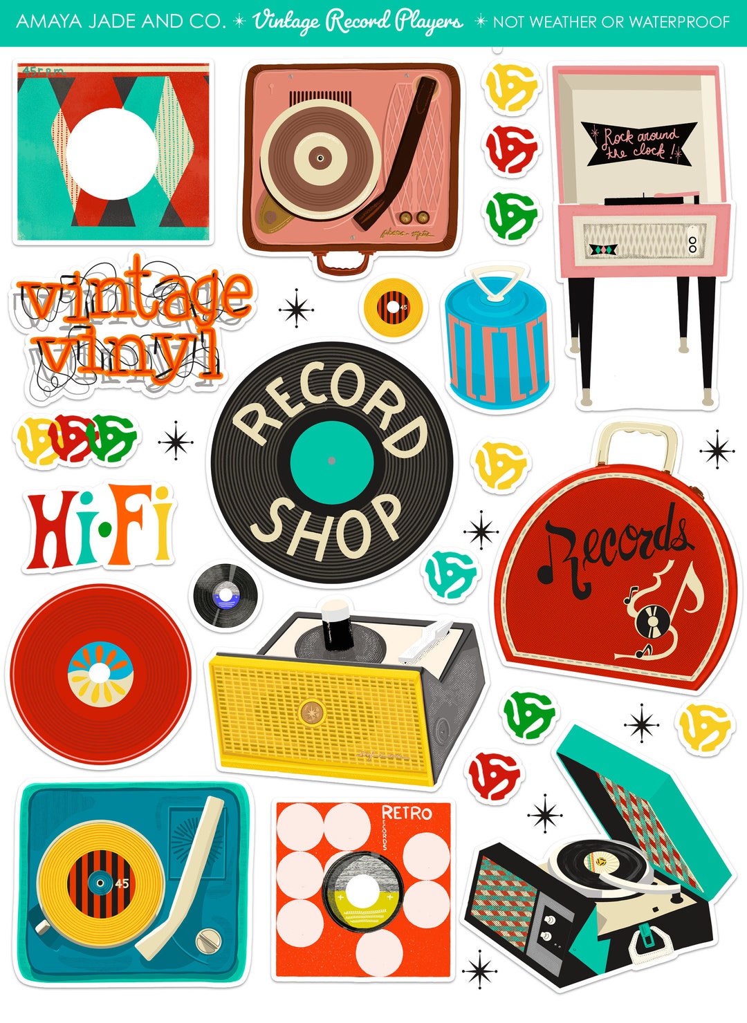 Vintage Record Players Sticker Set, Mid-century Modern, Music, Vinyl ...