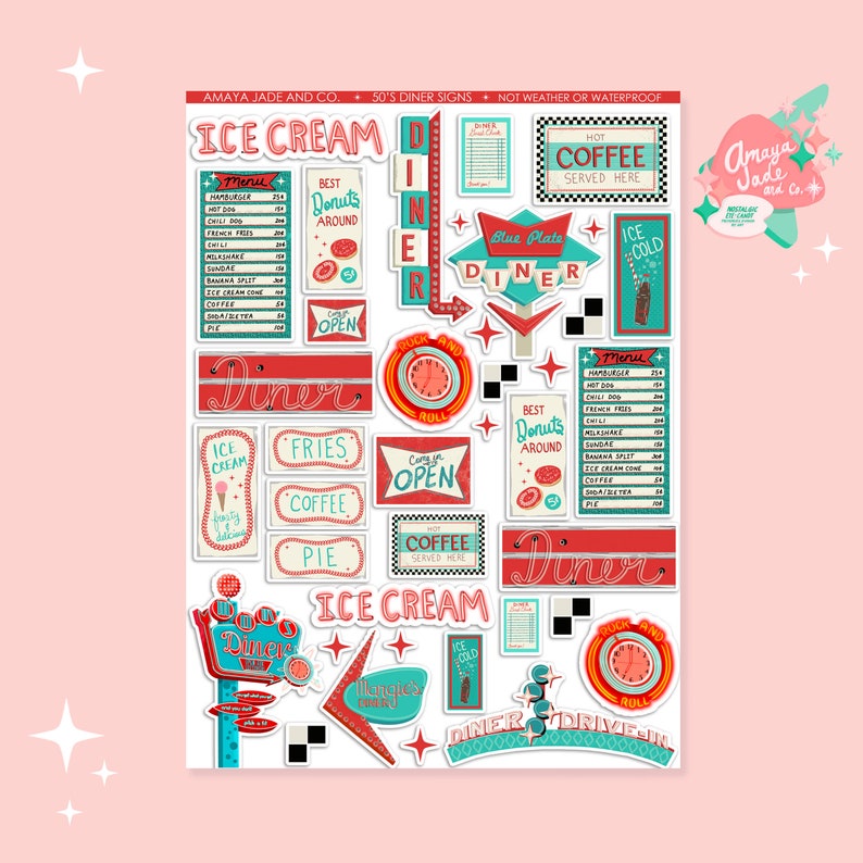 50's Diner Sign Stickers: Retro Scrapbook Decals - Etsy