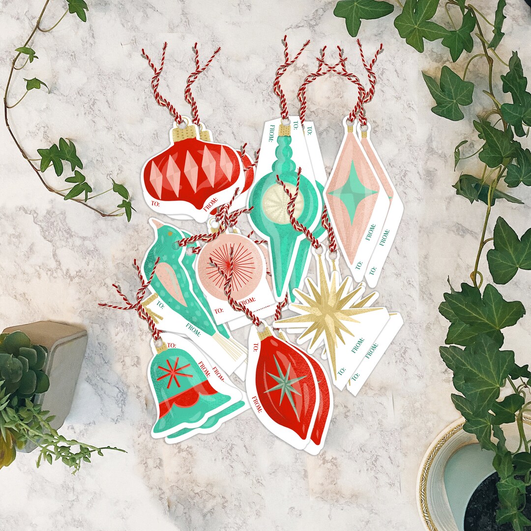 Vintage Christmas Ornament Gift Tags: Mod Holiday Present to From, Set ...