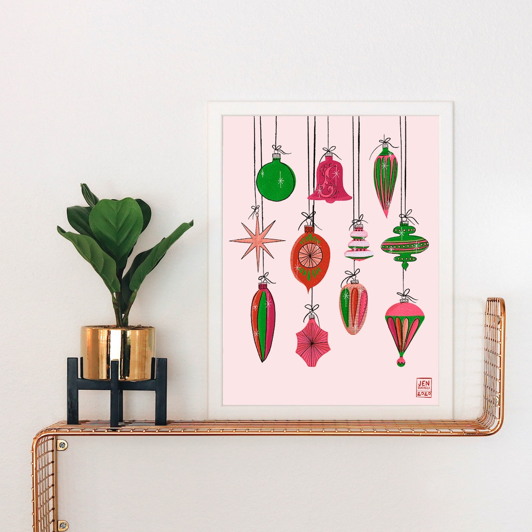 Pink and Green Hanging Vintage Ornaments Art Print | Vintage Christmas ...