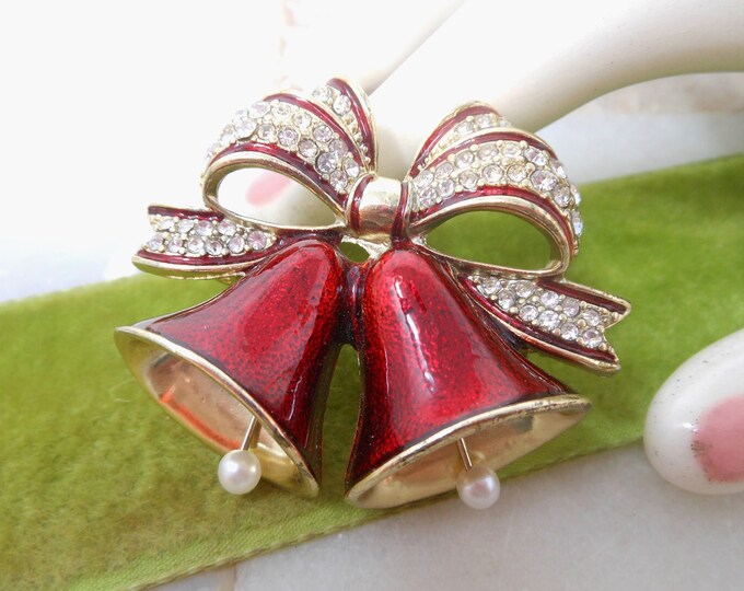 Vintage Christmas Holiday Brooch Enamel Bell Ice Rhinestone Dangle ...