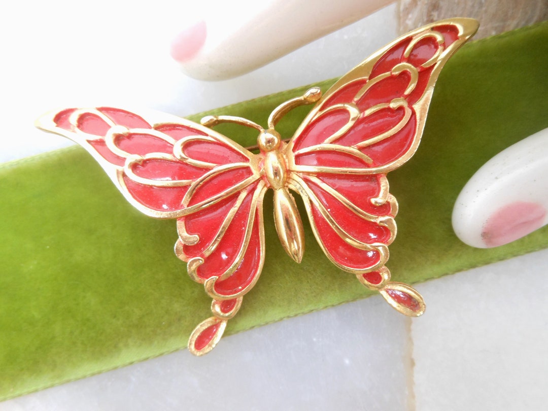 Vintage Red Butterfly Brooch Bug Pin Enamel Figural Insect Mod Jewelry ...