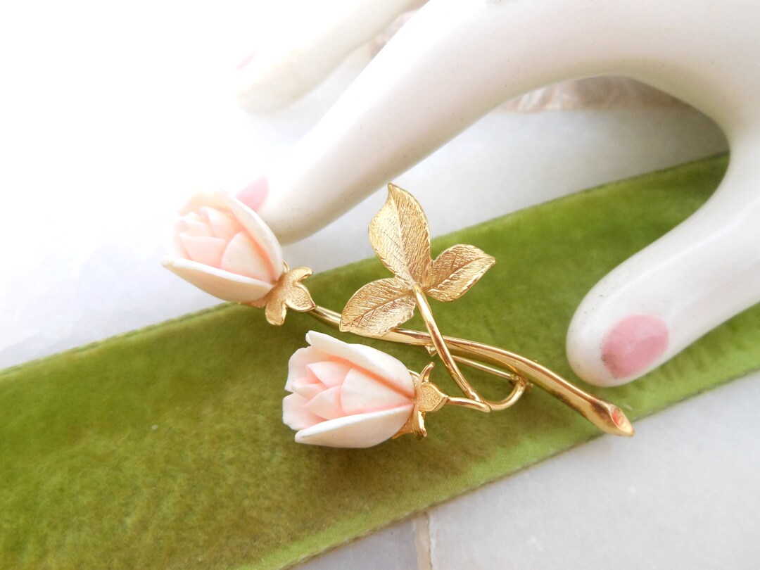 Vintage WELLS Coral Rose Brooch Flower Pin Designer Gold Filled GF ...