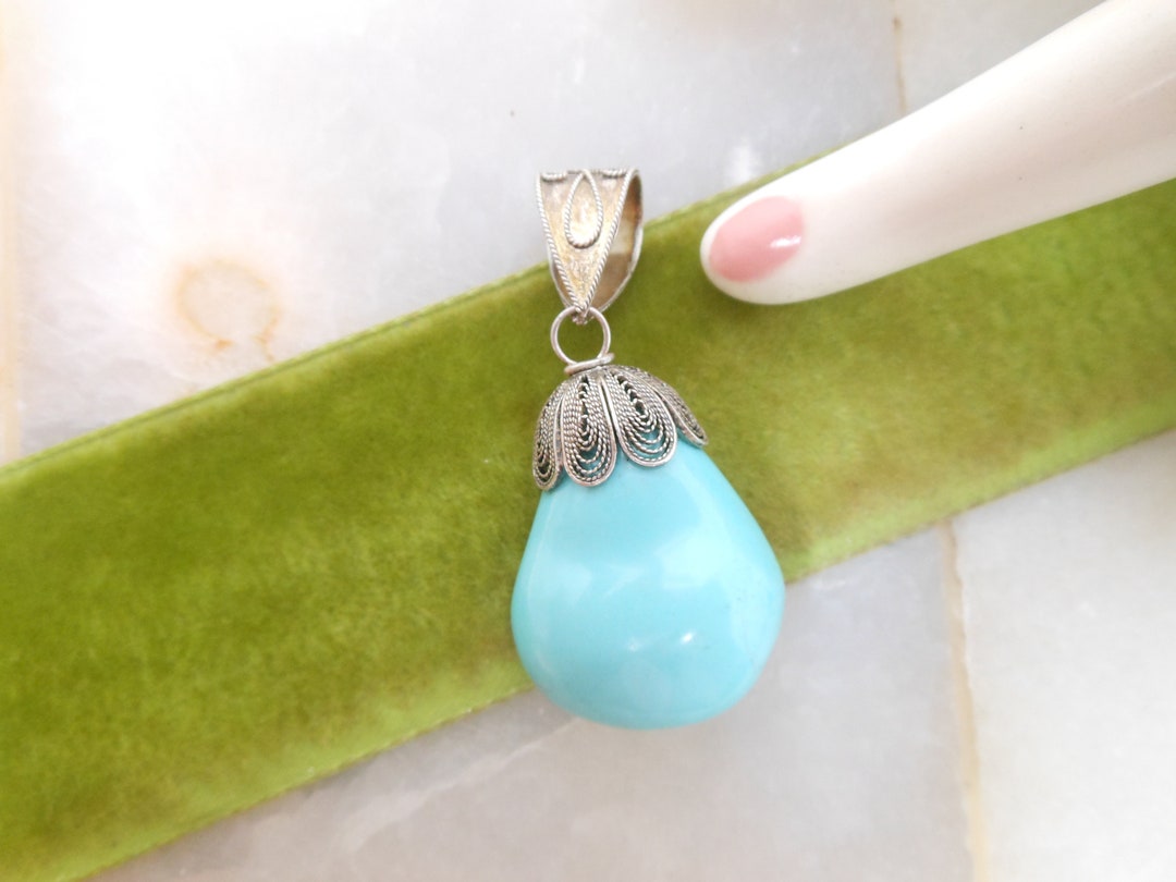 Vintage STERLING SILVER Turquoise Blue Pendant Spun Filigree Chunky ...