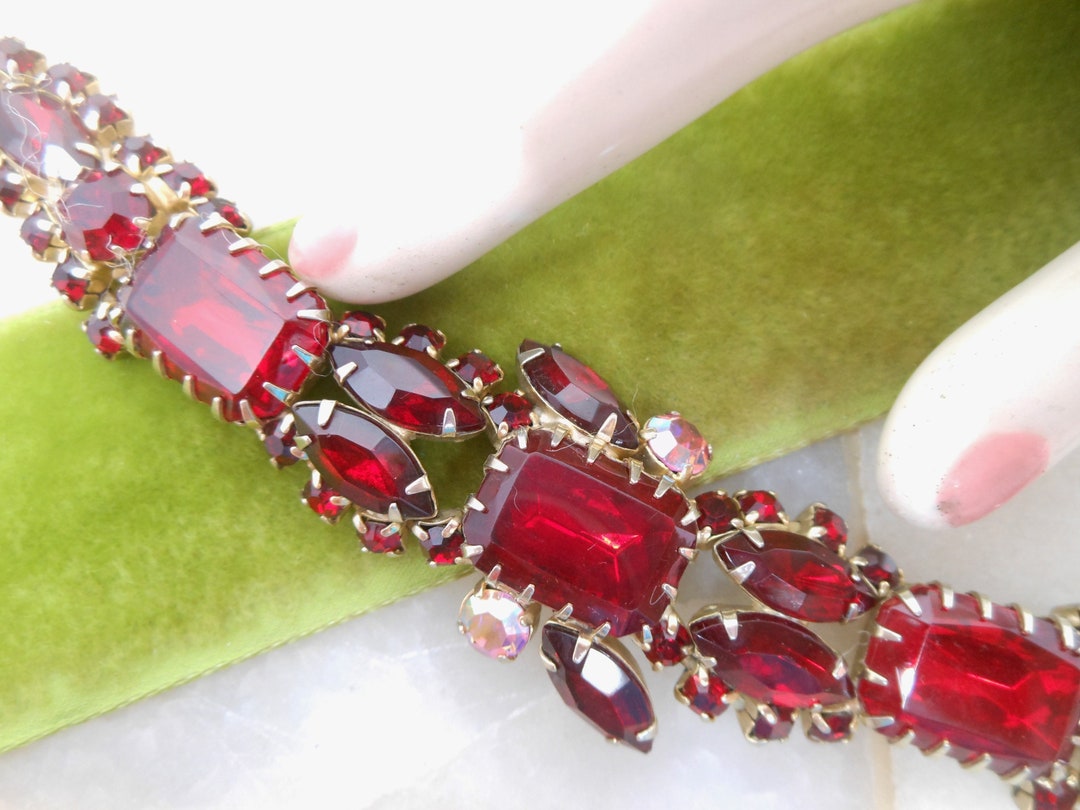 Vintage Ruby Red Rhinestone Bracelet Aurora Borealis Crystal Hollywood ...