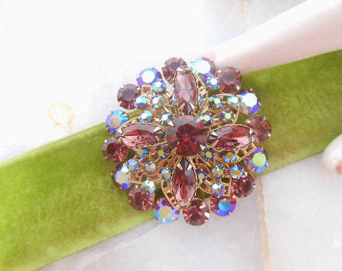 Layered Multi Color Brooch Red Rhinestone Center Stone Faux Pearl and ...