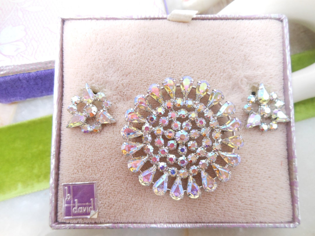Vintage B DAVID Rhinestone Brooch Earrings Set Starburst Flower Aurora ...
