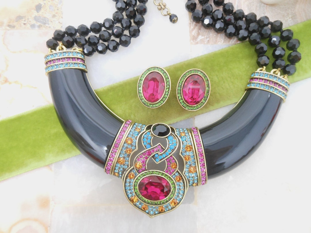 Vintage HEIDI DAUS Necklace Earrings Set Black Enamel Pink Crystal ...