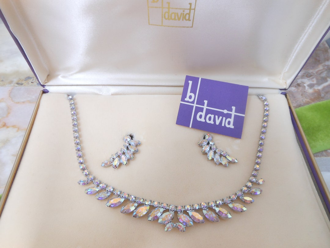 Vintage B DAVID Necklace Earrings Set Crystal Rhinestone Clip on ...
