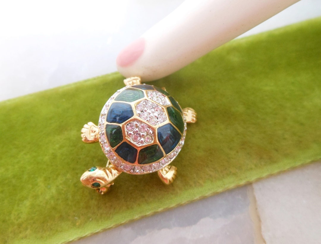Vintage Pave Crystal Turtle Brooch Blue Green Enamel Gold Plate Figural ...
