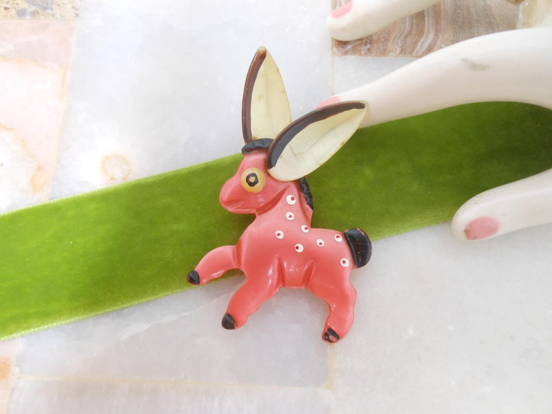 Vintage Donkey Burro Brooch Pink Big Ear Pin Celluloid Old Plastic Mid ...